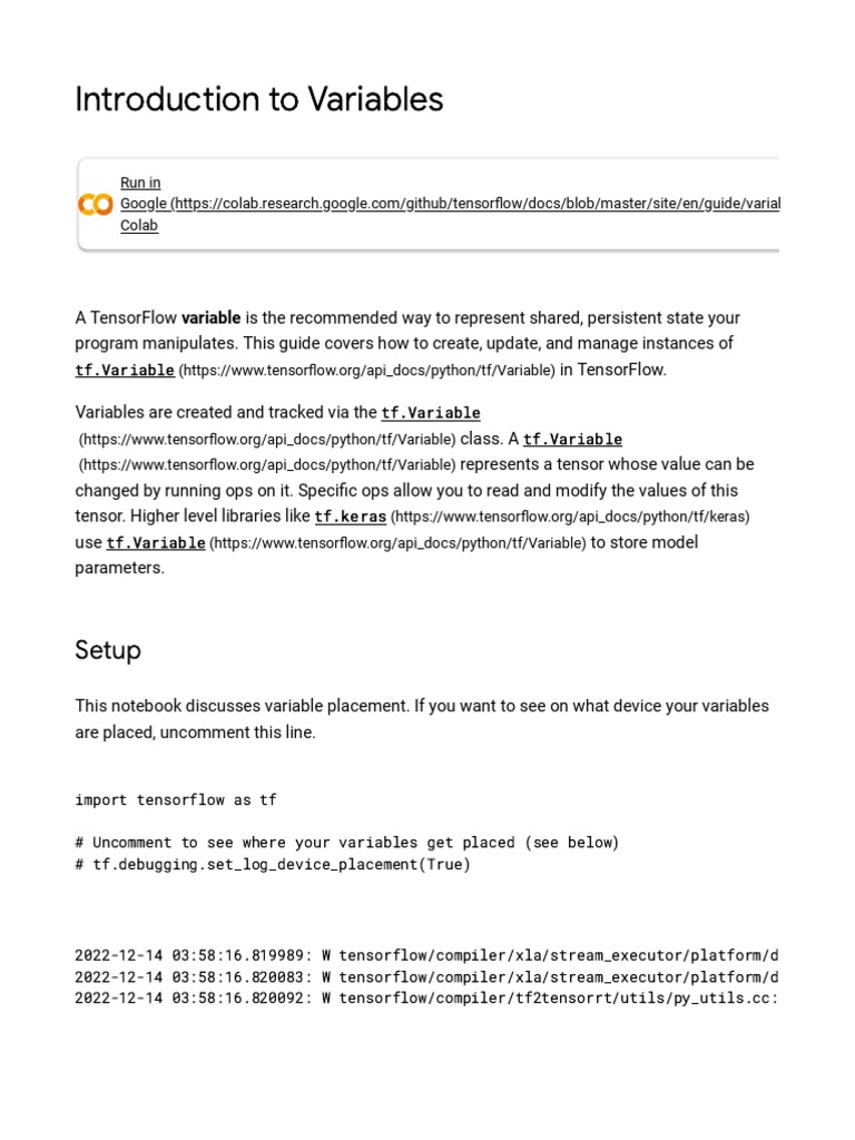 Introduction To Variables - TensorFlow Core | PDF | Variable (Computer ... Introduction To Variables - TensorFlow Core | PDF | Variable (Computer ...