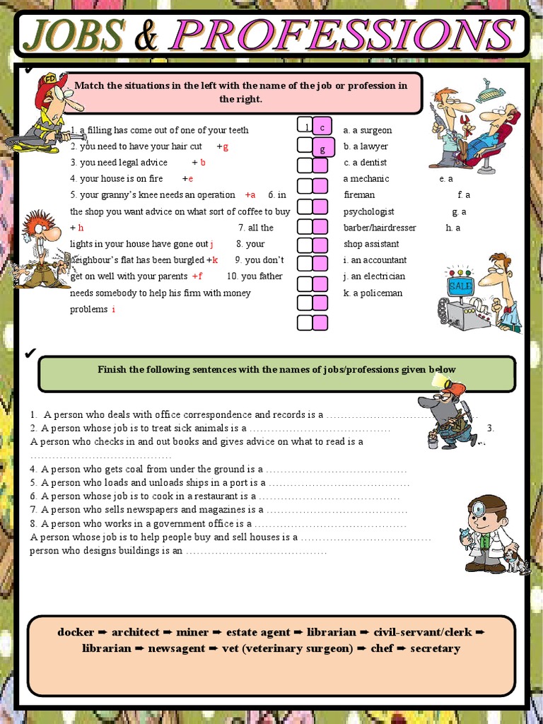 Match The Situations in The Left With The Name of The Job or Profession ...