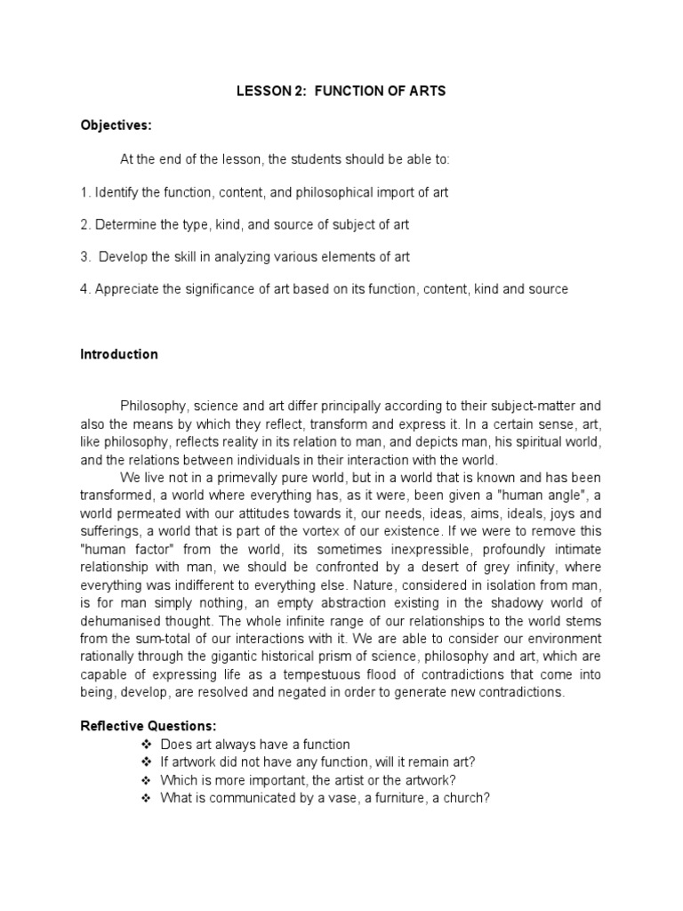 Lesson 2: Function of Arts Objectives | PDF | Paintings | The Arts