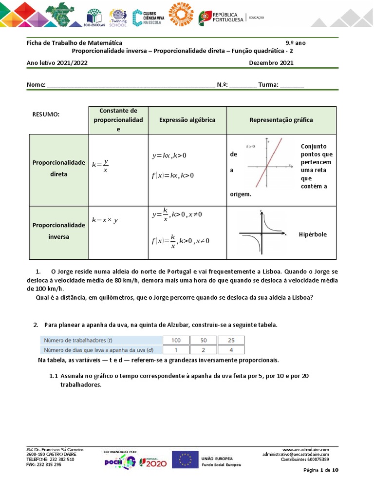 Ficha De Trabalho De Matemática Proporcionalidade Função Quadrática