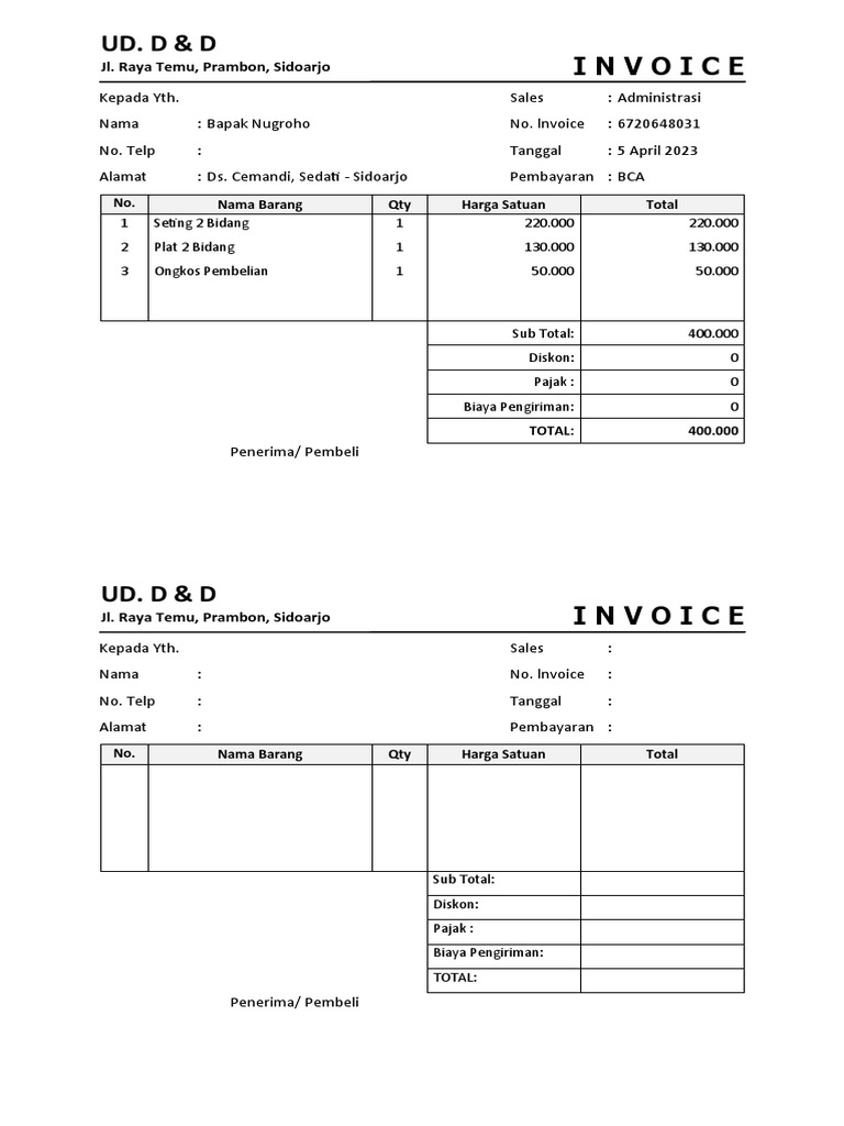 Invoice Ud. D & D: Jl. Raya Temu, Prambon, Sidoarjo | PDF