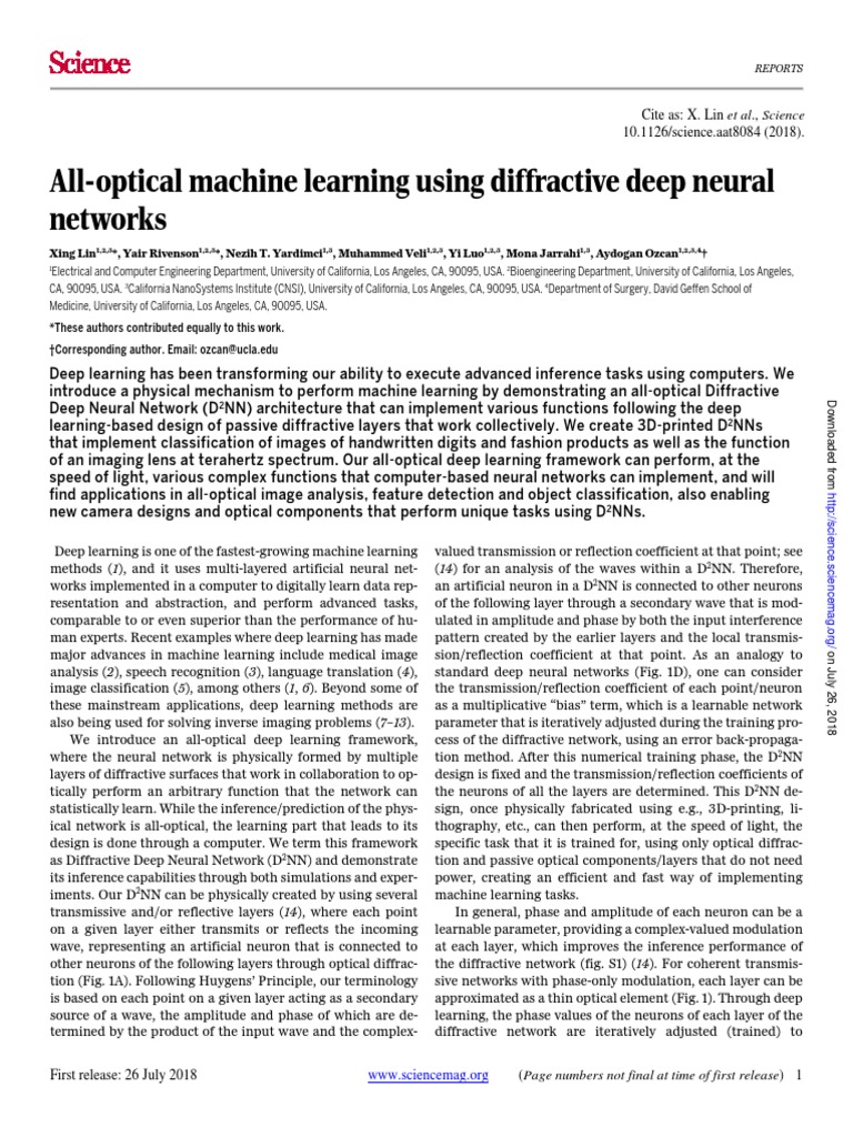 All-Optical Machine Learning Using Diffractive Deep Neural Networks | PDF | Deep Learning ...