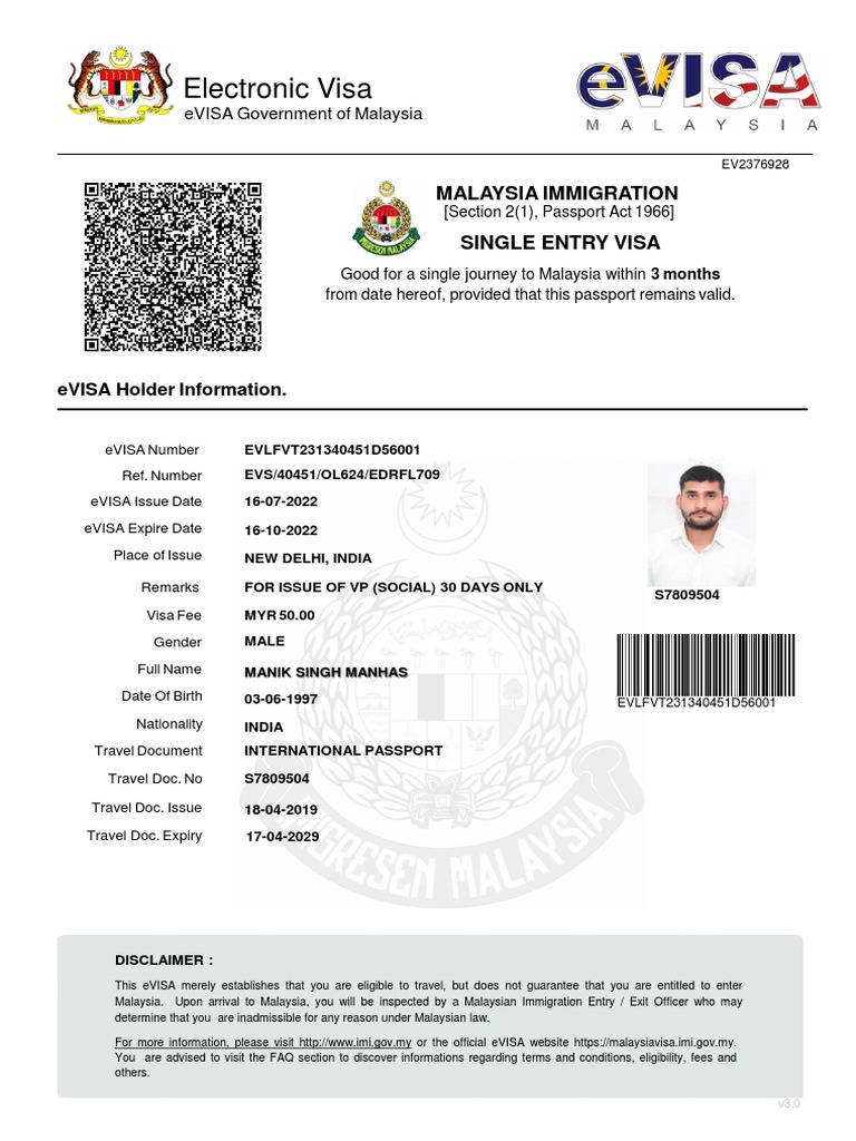 Malaysia eVISA Certificate - SIDDHARTH TANAJI - BAIKAR | PDF