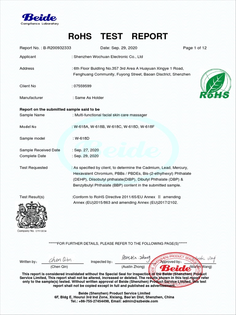 RoHS Compliance Test Report for Multi-functional Facial Skin Care ...