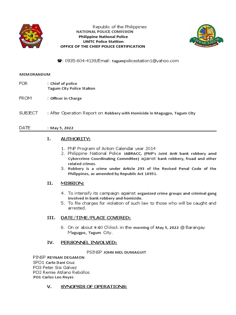 After Operation Report Group5 | PDF | Robbery | Violence