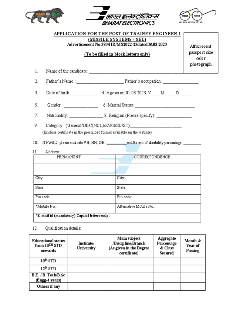 08 Trainee Engineer I Posts Application Form BEL | PDF