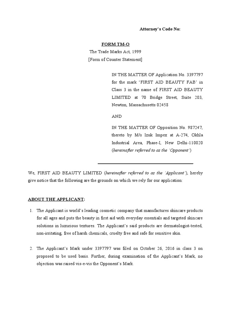 FIRST AID BEAUTY FAB - Counter Statement | PDF | Trademark | Brand