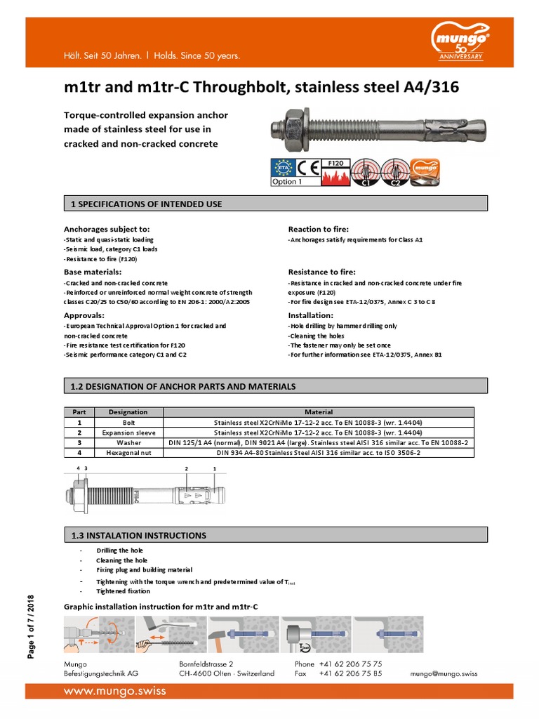 S.S. A4 m1tr Throughbolt TDS - Mungo | Download Free PDF | Screw | Bending