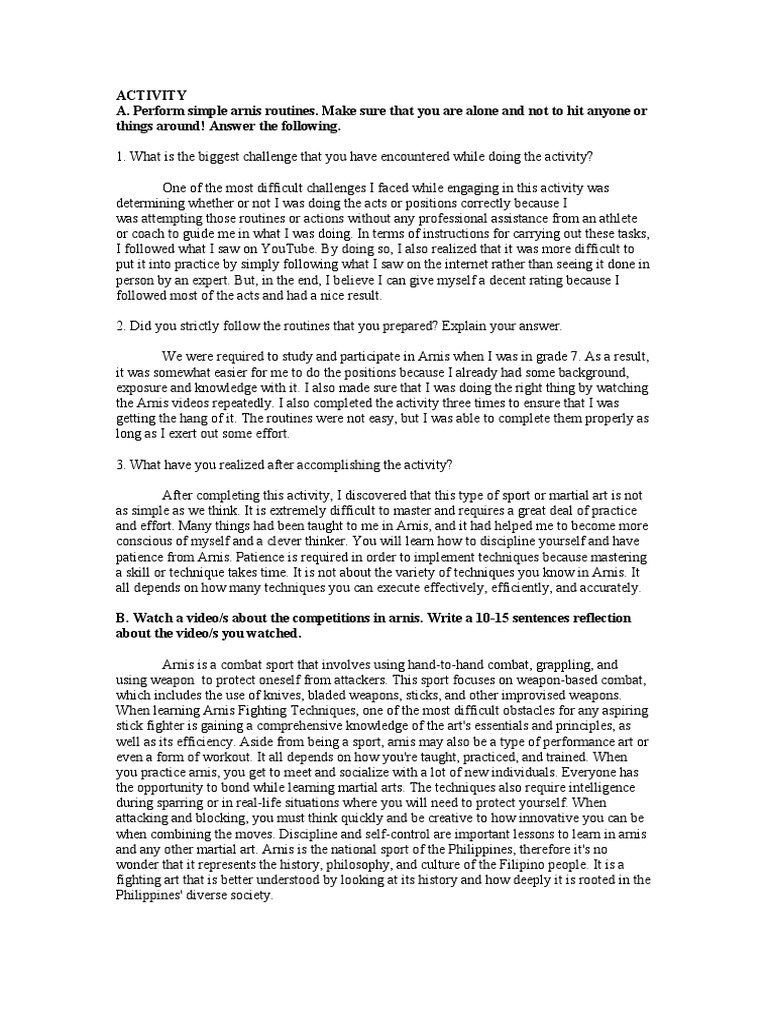 Arnis Activity | PDF | Cognitive Science | Behavior Modification