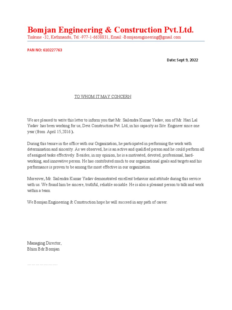 Devi Construction PVT - Exp Letter.143 | PDF