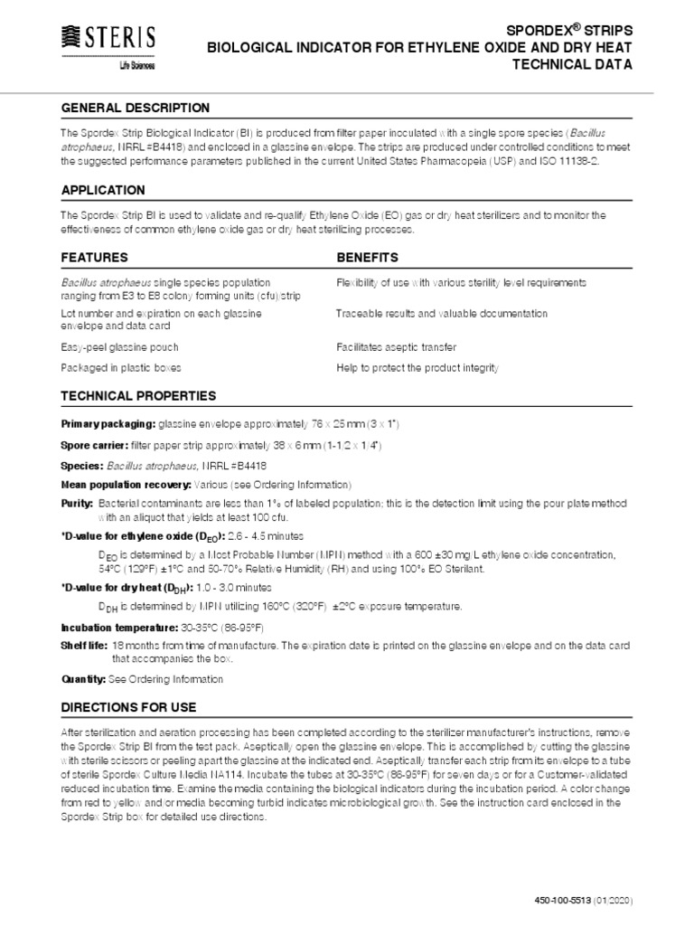 STERIS Spordex Strips Biological Indicator For Ethylene Oxide and Dry ...