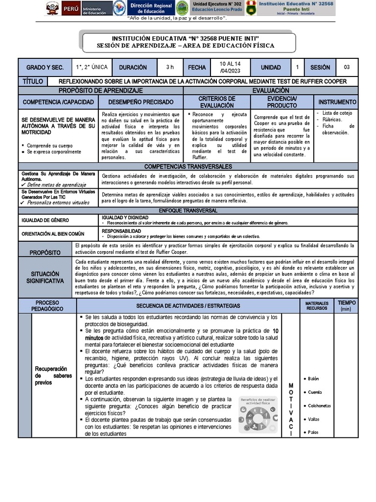 Unidad 1 - Sesión 3 - Ef 1° - Sem 3 | PDF | Evaluación | Aprendizaje