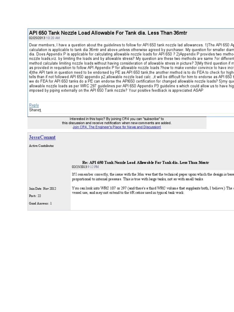 API 650 Tank Nozzle Load Allowable For Tank Dia | PDF