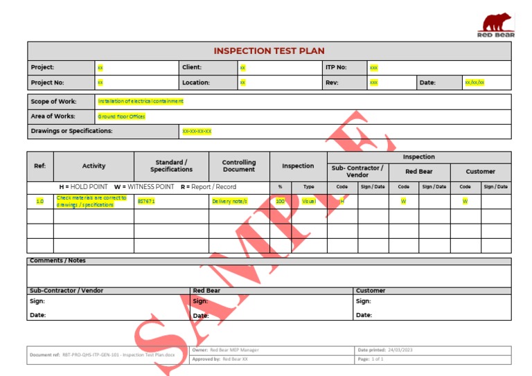 RBT-PRO-QHS-ITP-GEN-101 - Inspection Test Plan | Download Free PDF ...