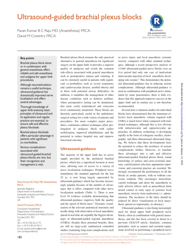 Ultrasound-Guided Brachial Plexus Block | PDF | Anesthesia | Human Anatomy