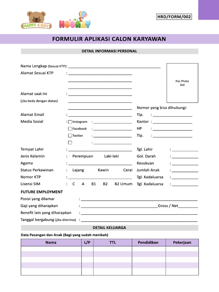 Form Lamaran Kerja Formuli R Apli Kasi Calon Karyawan: Detai L I Nformasi Personal | PDF