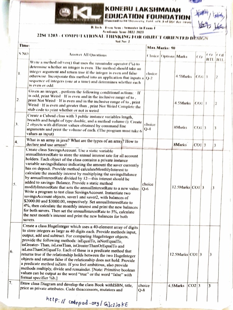 Y1S2 2023 Even Insem2 Qp's | PDF | Method (Computer Programming) | Class (Computer Programming)