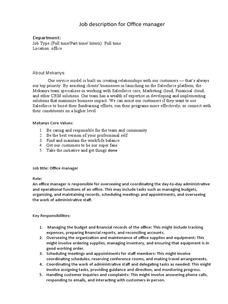 Office Manager Job Description | PDF | Leadership | Databases