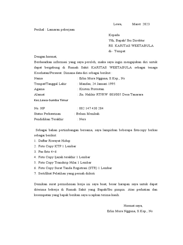 Lamaran Perawat di RS Karitas Weetabula | PDF