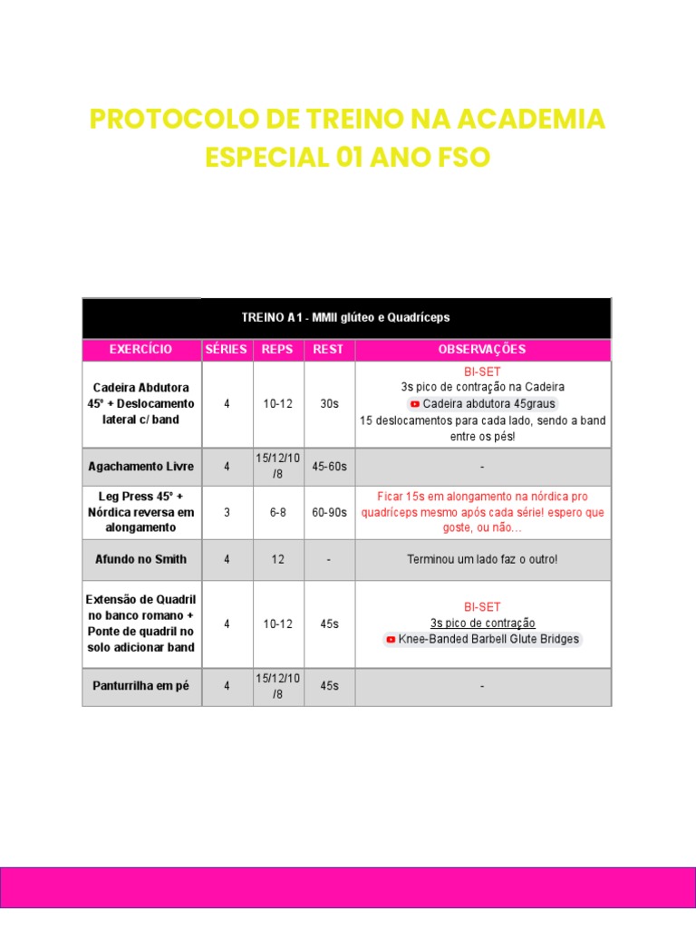 Protocolo de Treino Na Academia Especial 01 Ano Fso | PDF | Exercício físico | Anatomia humana