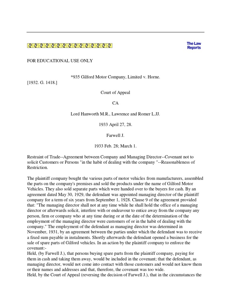 Gilford Motor V Horne | PDF | Restraint Of Trade | Judgment (Law)