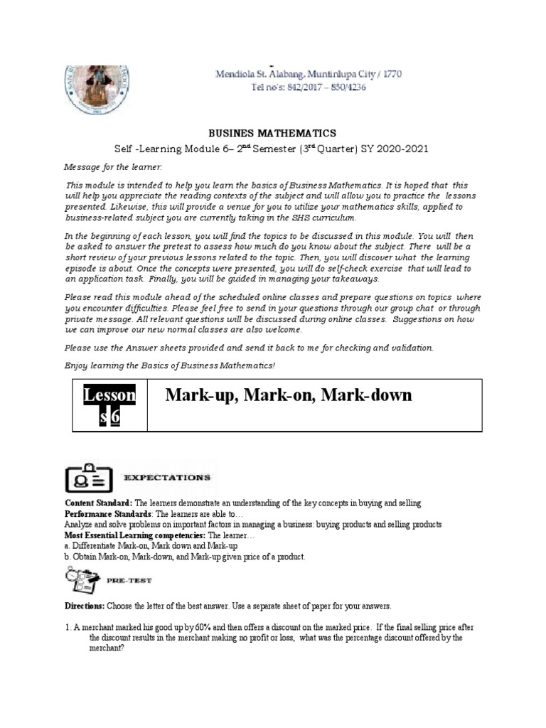 BUS MATH Q3 L6. SLeM - 2S - Q3 - W6 - MARKUP MARKDOWN MARKON | PDF ...