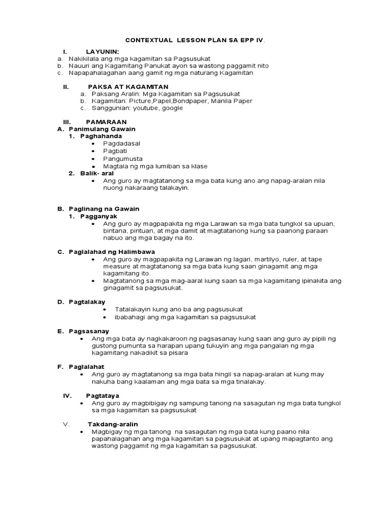 Contextual Lesson Plan Sa Epp Iv. I. Layunin | PDF