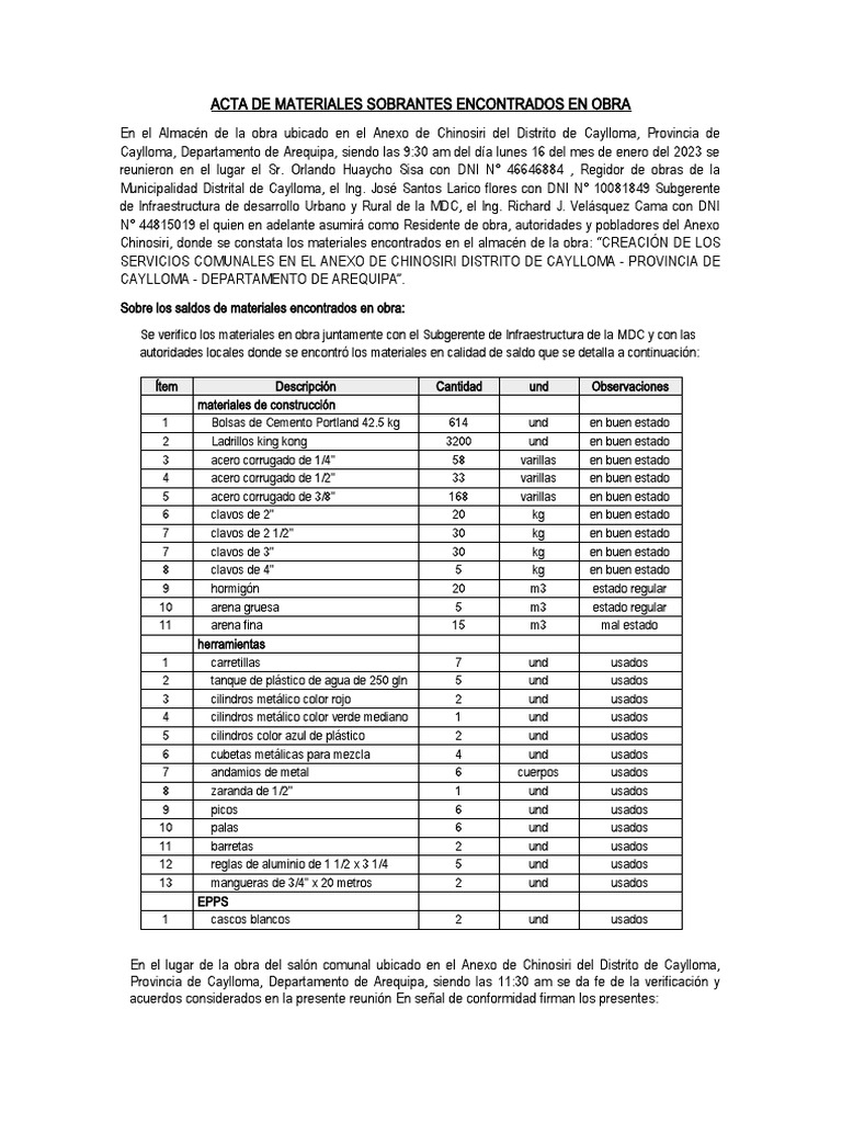 Acta de Materiales Sobrantes Encontrados en Obra | PDF | Materiales ...