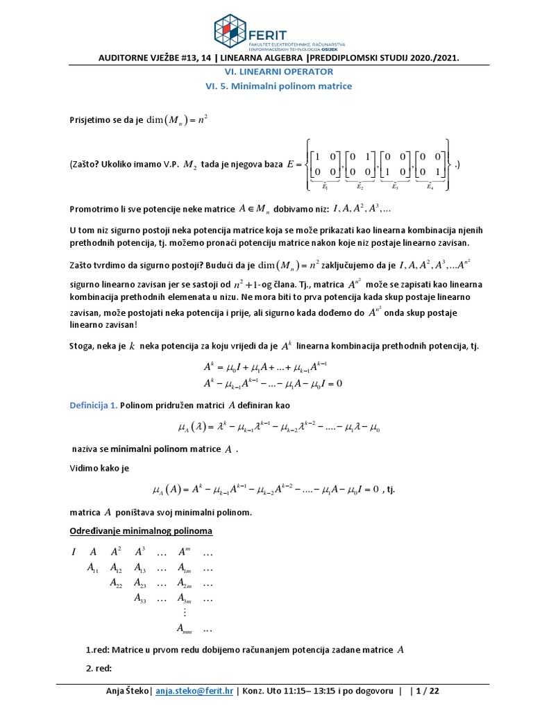 Vi. Linearni Operator VI. 5. Minimalni Polinom Matrice | PDF