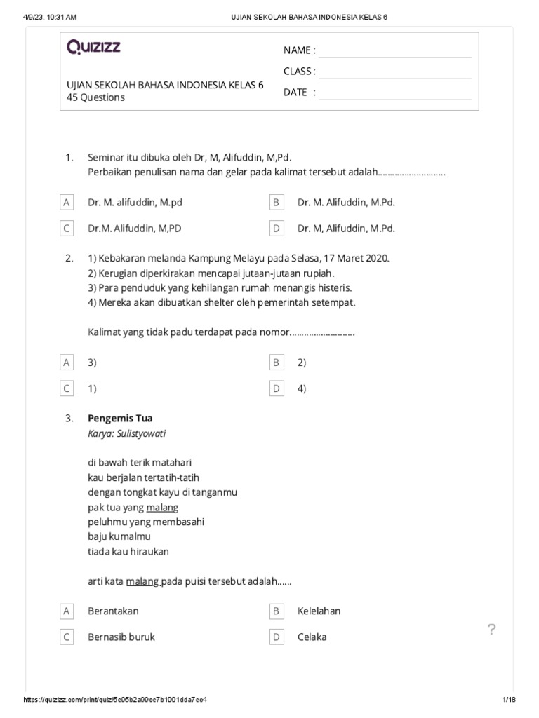 Ujian Sekolah Bahasa Indonesia Kelas 6 | PDF