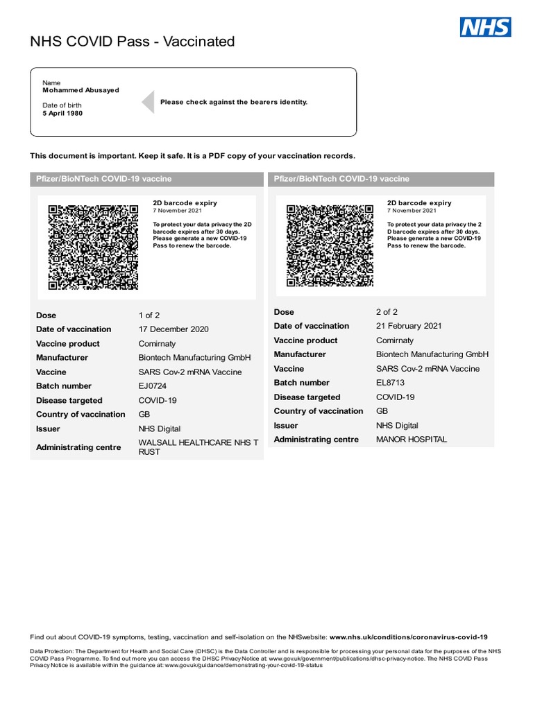 Nhs Covid Pass - Vaccinated: Pfizer/Biontech Covid-19 Vaccine Pfizer ...
