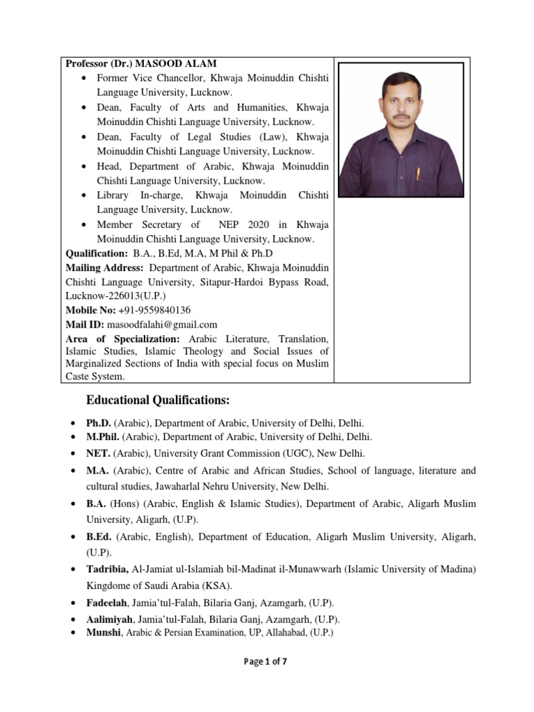 Curriculum Vitae of Professor Dr. MASOOD ALAM: An Extensive Profile of ...