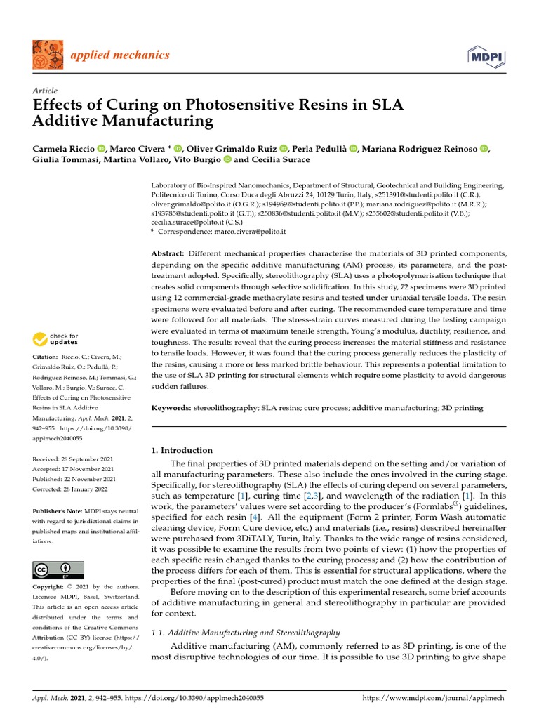 Effects of Curing On Photosensitive Resins in SLA Additive Manufacturing | PDF | 3 D Printing ...