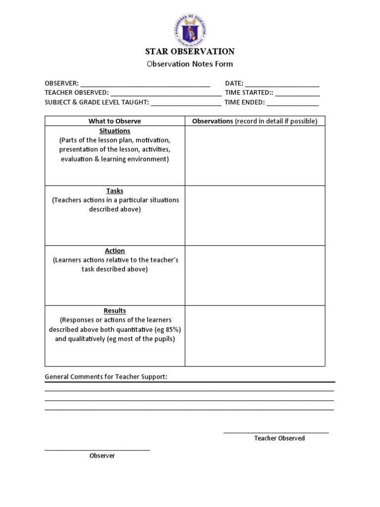 Revised STAR OBSERVATION Notes Blank Form | PDF
