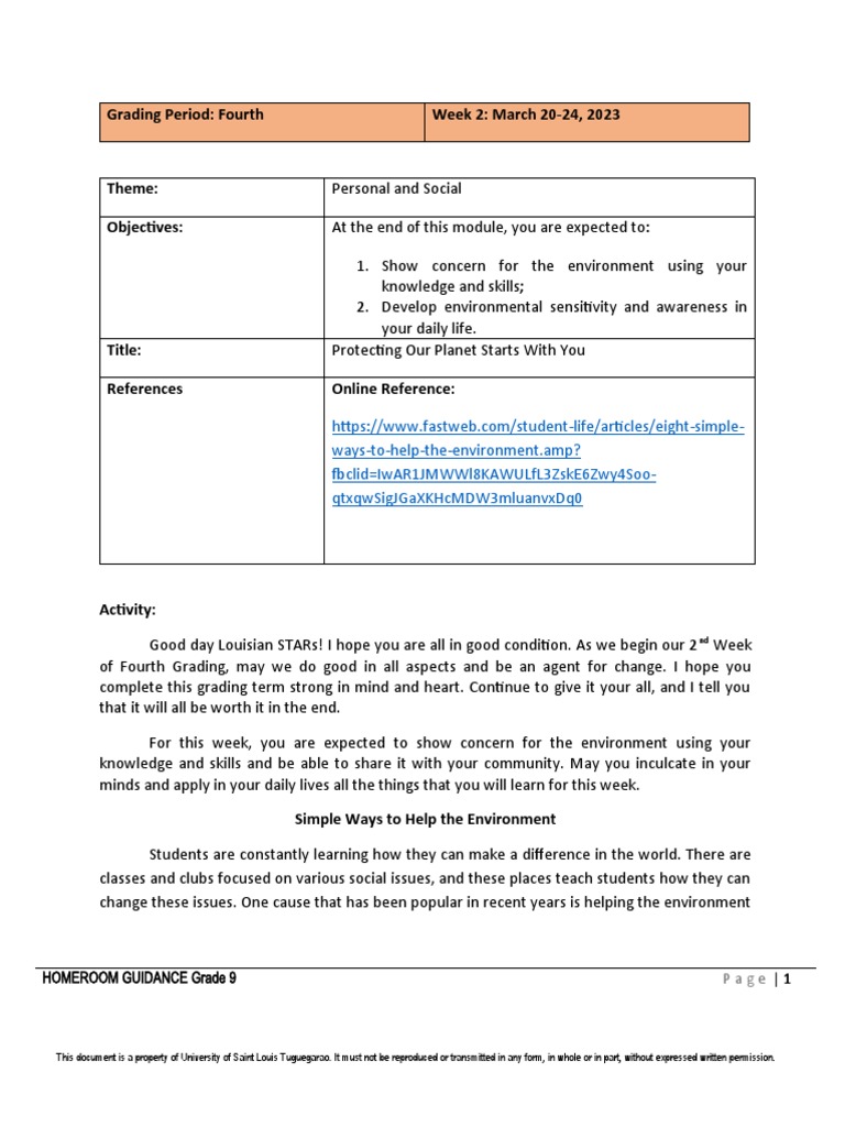 Grading Period: Fourth Week 2: March 20-24, 2023 | PDF | Reuse | Energy ...