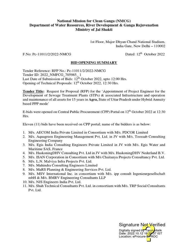 Bid Summary for STP Project in Agra | PDF | Technology & Engineering