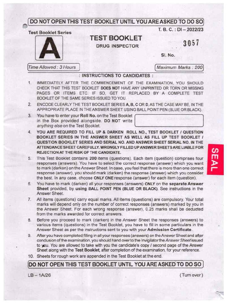 Drug Inspector Question Paper | PDF