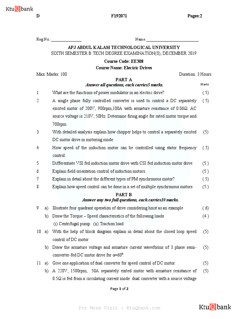 2019 Dec. EE308-E - Ktu Qbank | PDF | Electric Motor | Equipment