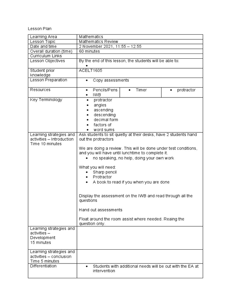 A Comprehensive Mathematics Review Lesson Plan Focusing on Key Concepts ...