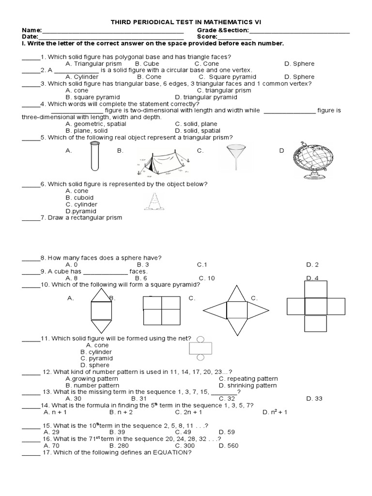 Mathematics 6 - Third Periodical Test | PDF | Area | Equations