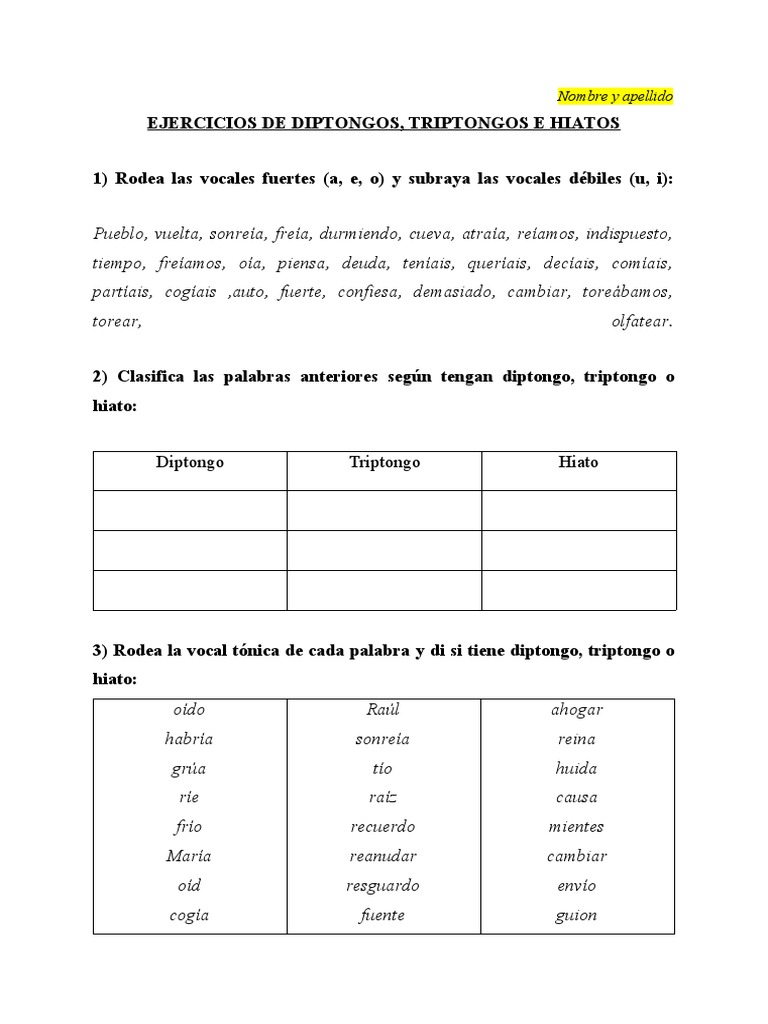 Ejercicios de Diptongos | PDF