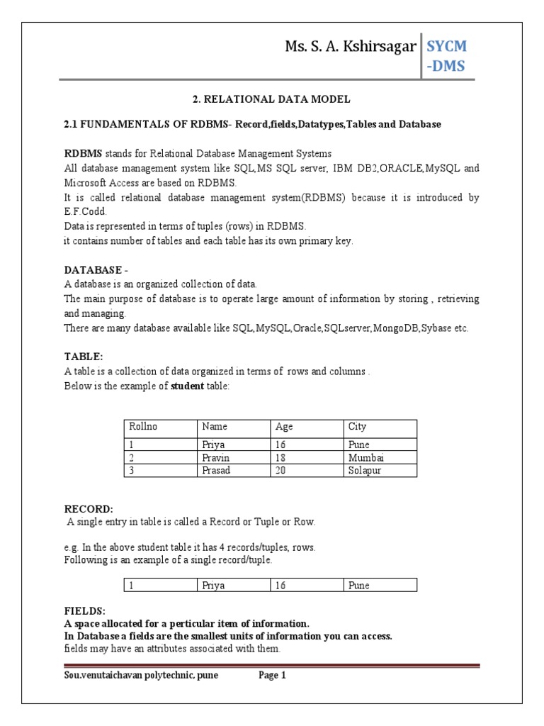 Ms. S. A. Kshirsagar: Sycm - Dms | PDF | Relational Database | Databases