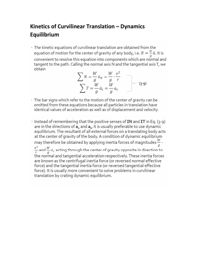 Kinetics of Curvilinear Translation - Dynamics Equilibrium | PDF