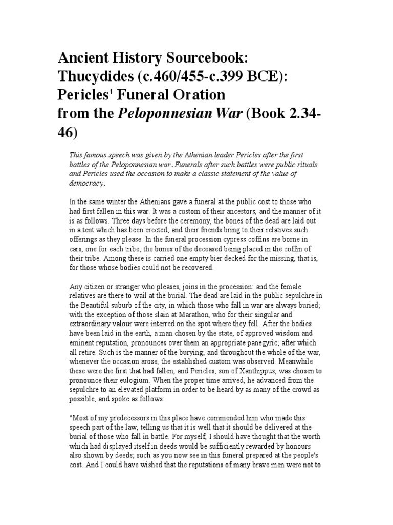 Pericles' Funeral Oration Analysis | PDF | Funeral