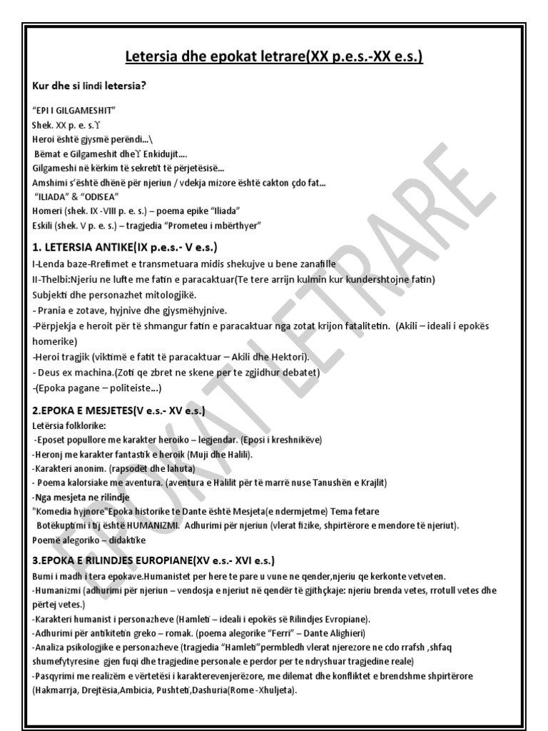 Letersia Dhe Epokat Letrare (XX p.e.s.-XX E.s.) | PDF