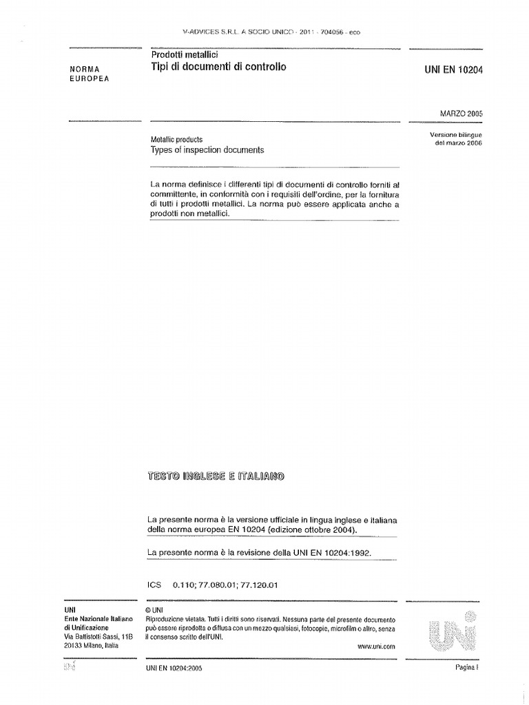 Uni en 10204 (Tipi Di Certificati) | PDF