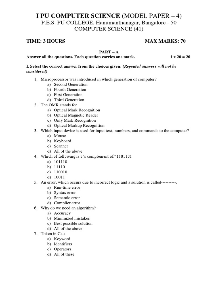 I Pu Computer Science (Model Paper - 4) | PDF
