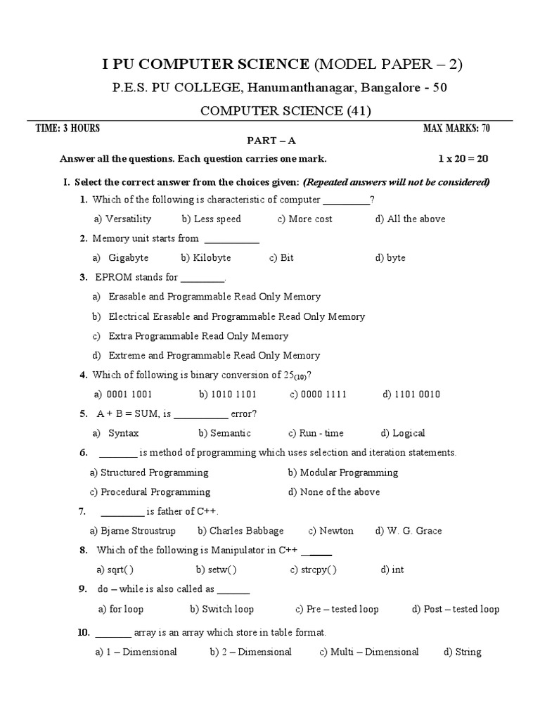 I Pu Computer Science (Model Paper - 2) | PDF | Computer Program | Programming