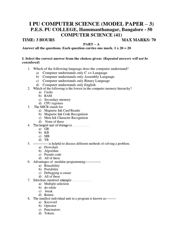 I Pu Computer Science (Model Paper - 3) | PDF | Information Technology Management | Computer ...