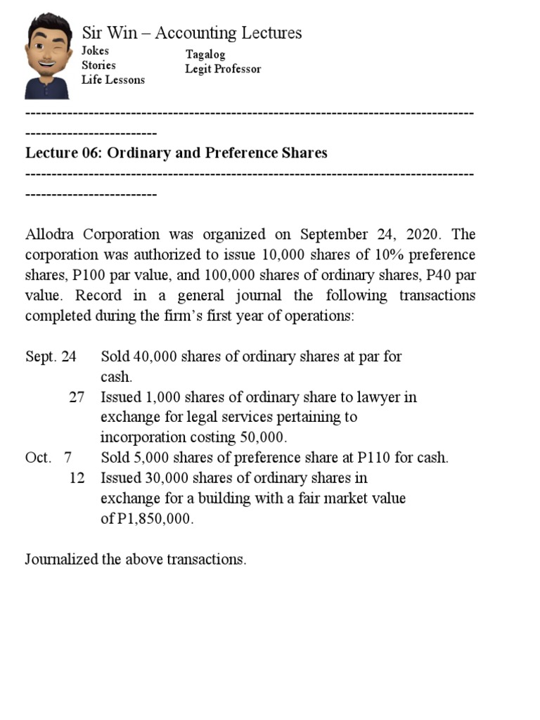 Lecture 06 - Ordinary and Preference Share | PDF
